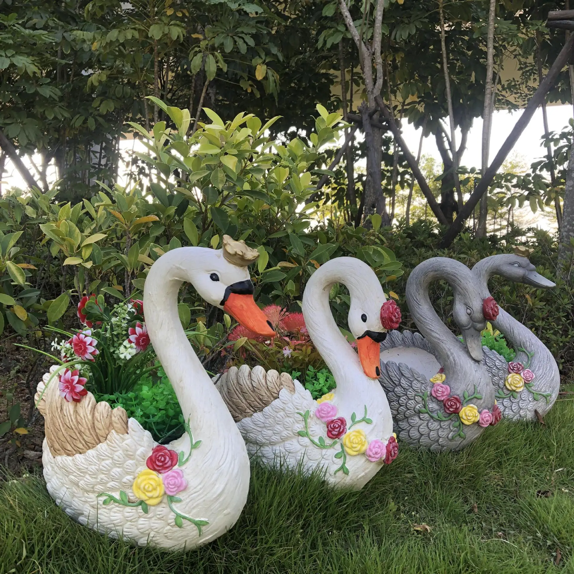 Flower Pot Swan Statue Model Decoration Animal Planter Succulent Plant ...