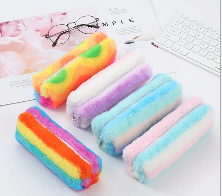 Plush Pencil Case Stationary Plush Pencil Bag Rainbow Custom For Girls ...