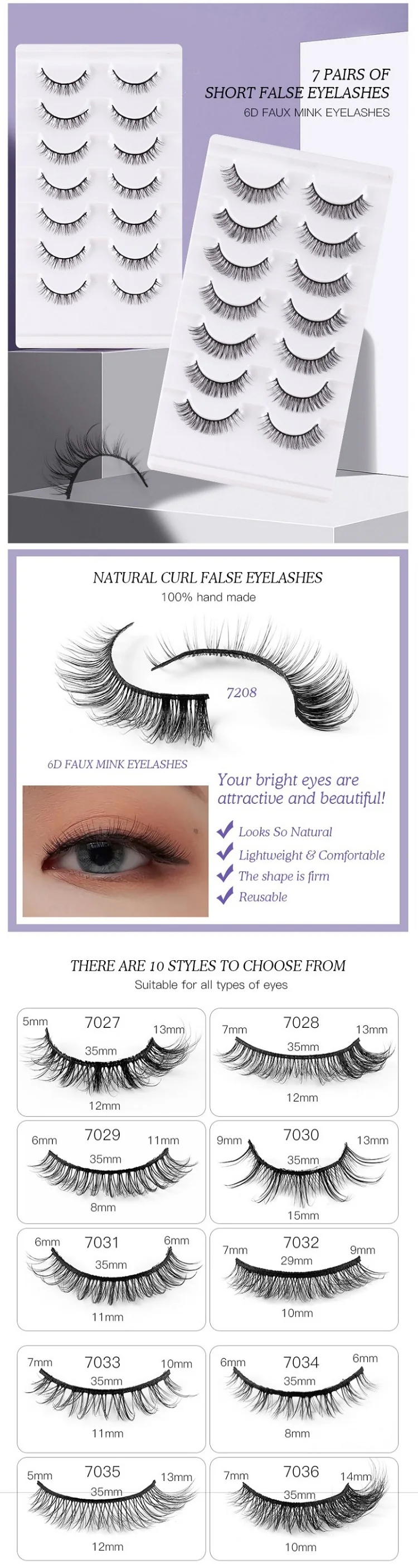 6d Short Style 7 Pairs Set Lash Natur Mink False Eyelashes - Buy 10 ...