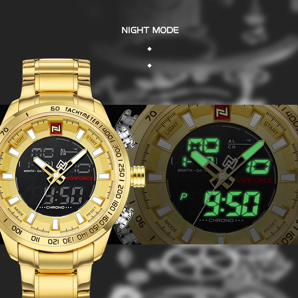 Naviforce 9093 Business Dual Display Wrist Watch Stainless Steel Week ...