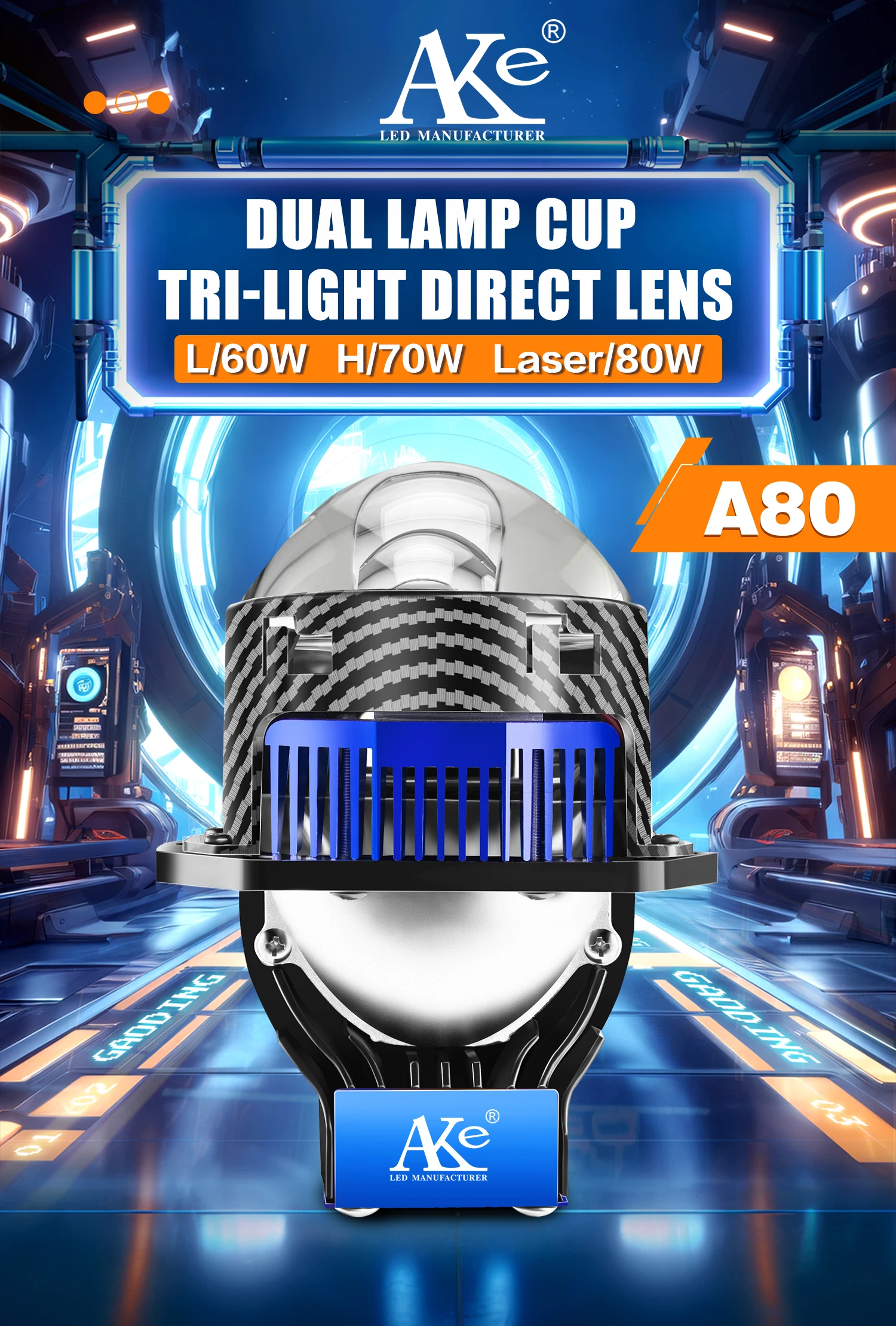 AKE A80 3.0 Bi Led Projector - 6000K, 60W Low Beam, 70W High Beam