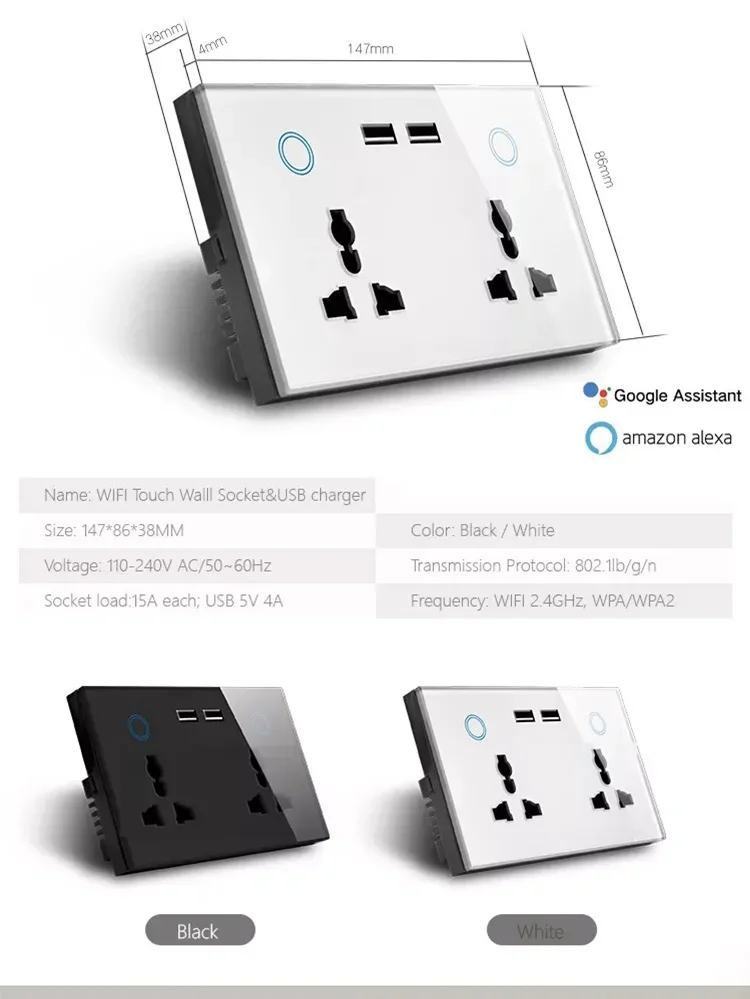 Smart Home Plug - 13A Tuya Wifi Universal Double Wall Socket
