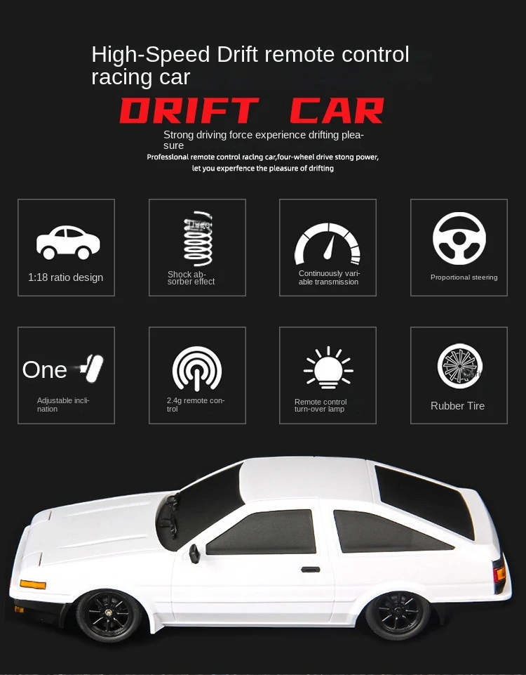 2.4g 1/18 Full Scale Remote Control Rollover Lamp Ae86 Drift Car High-speed 5-way Ld1801 Ld1802 ...