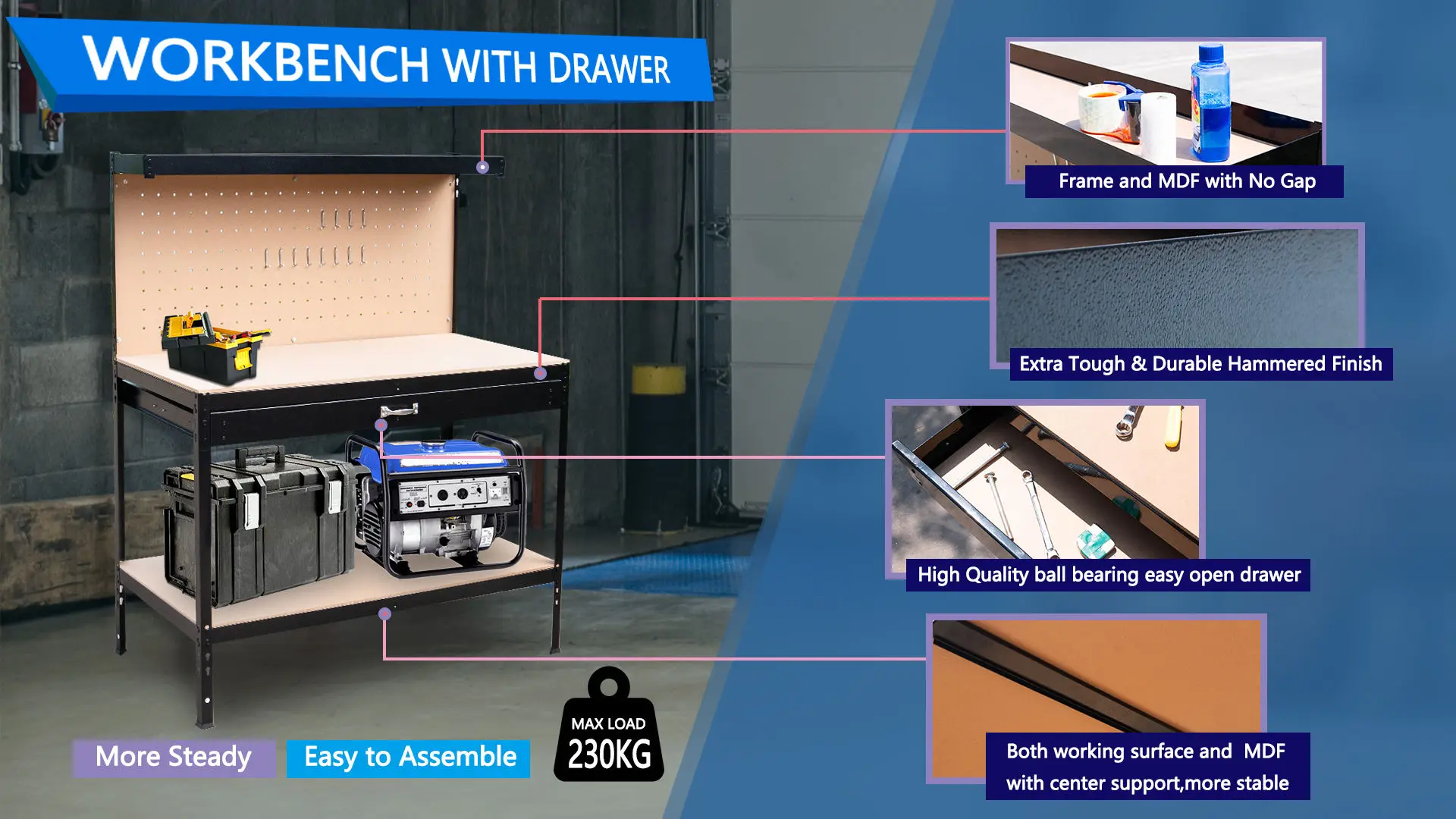 Metal Workbench - Durable Steel Frame with Tool Drawers