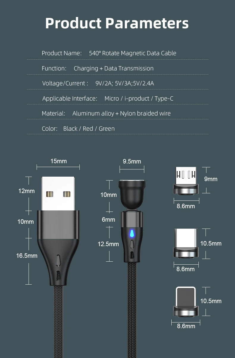 540 Cable Magnetic Usb 3 In 1 Fast Charging Cable L Shape & Straight 3a ...