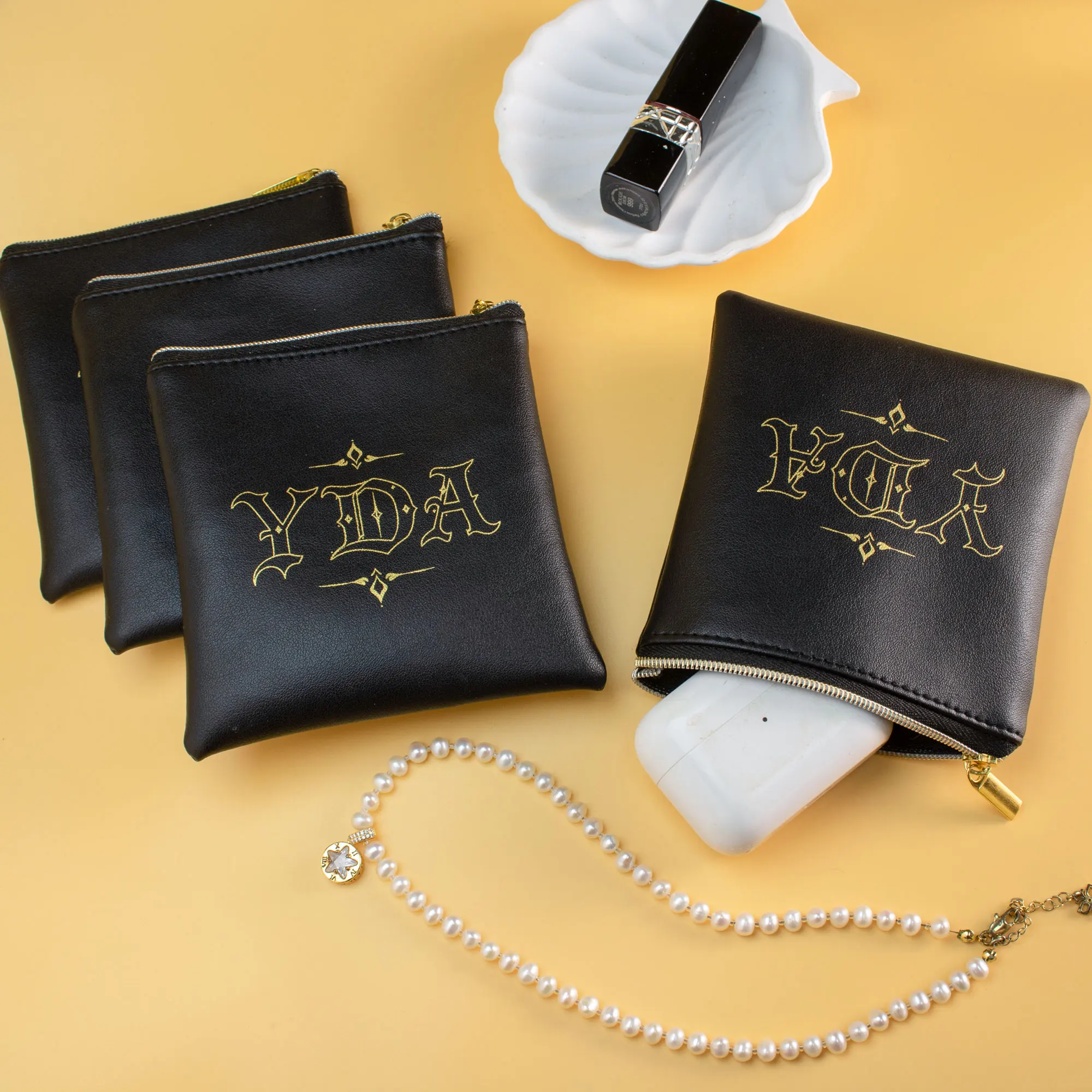 Custom Hot Stamping Black Pu Leather Jewelry Zipper Bag With Logo ...