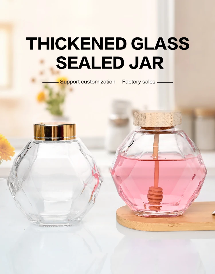 Luxury Empty 250g 500g 1kg Glass Hexagon Honey Bottles Jar With Wooden ...