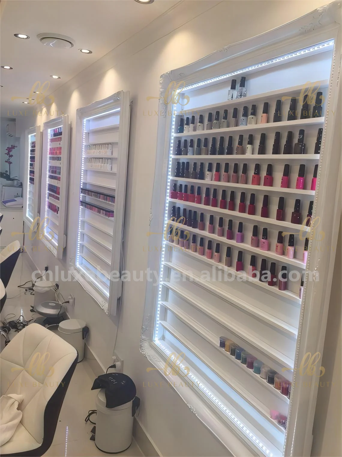 White Nail Salon Cosmetics Display Shelf Modern Style Nail Polish Glue ...