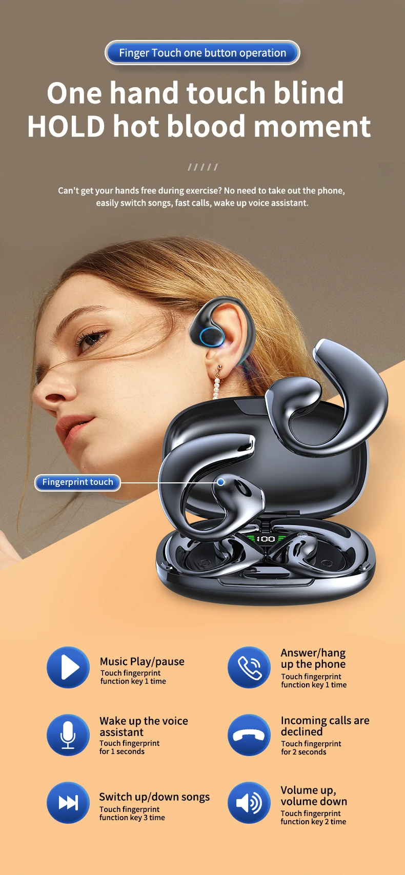 JR02 TWS Wireless Bone Conduction Headphones - LED Earbuds