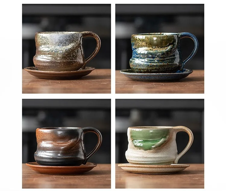 Ceramic Handmade Pottery Mug With Saucer Tea Cup Creative Art Teacups ...