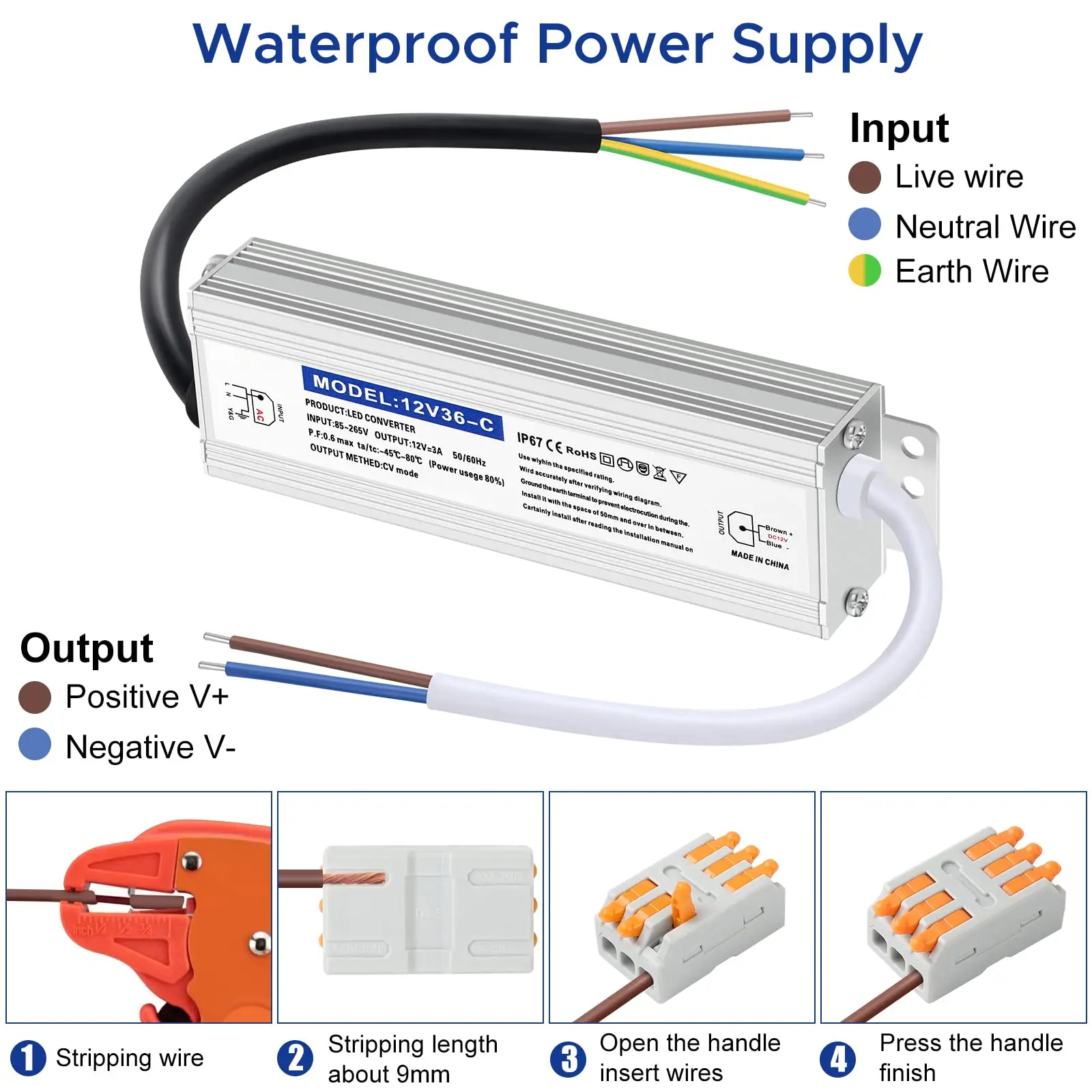 36w Led Driver Power Supply Ip67 Waterproof Voltage Converter Dc12v Outdoor Transformers Led ...