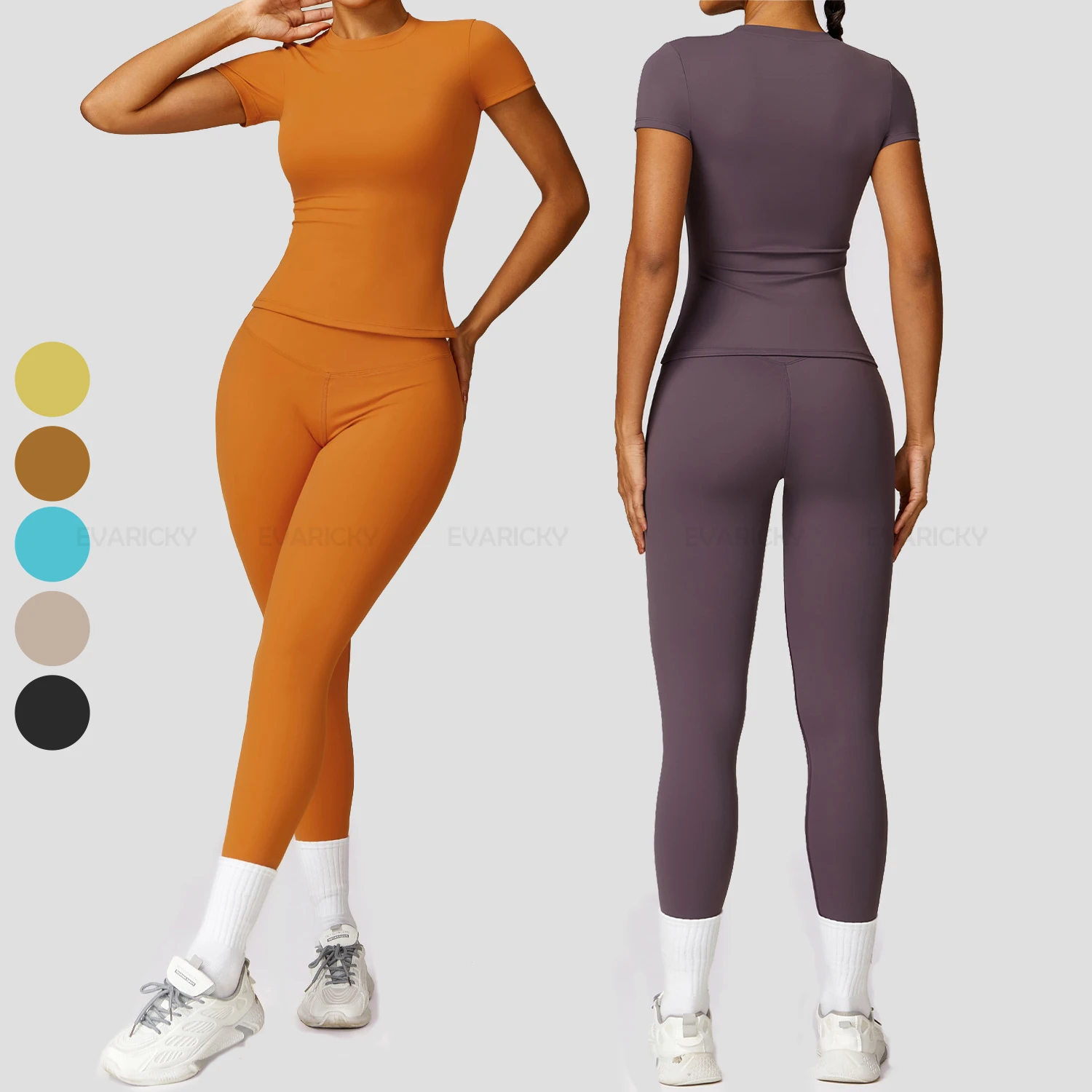 2 Piece Short Sleeve Training T-shirts And Yoga Pants Set Activewear ...