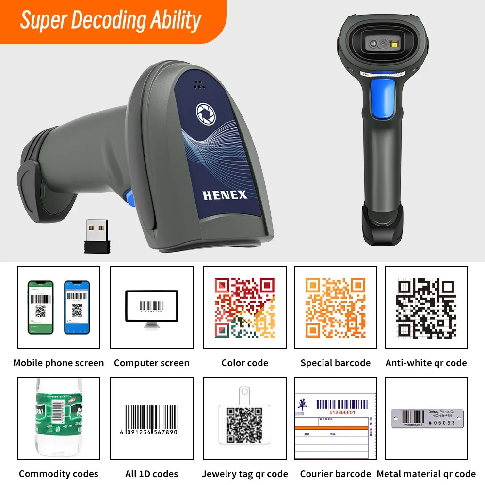 Henex Handheld Bluetooth Barcode Scanner Qr Code Pdf417 2d Barcode ...
