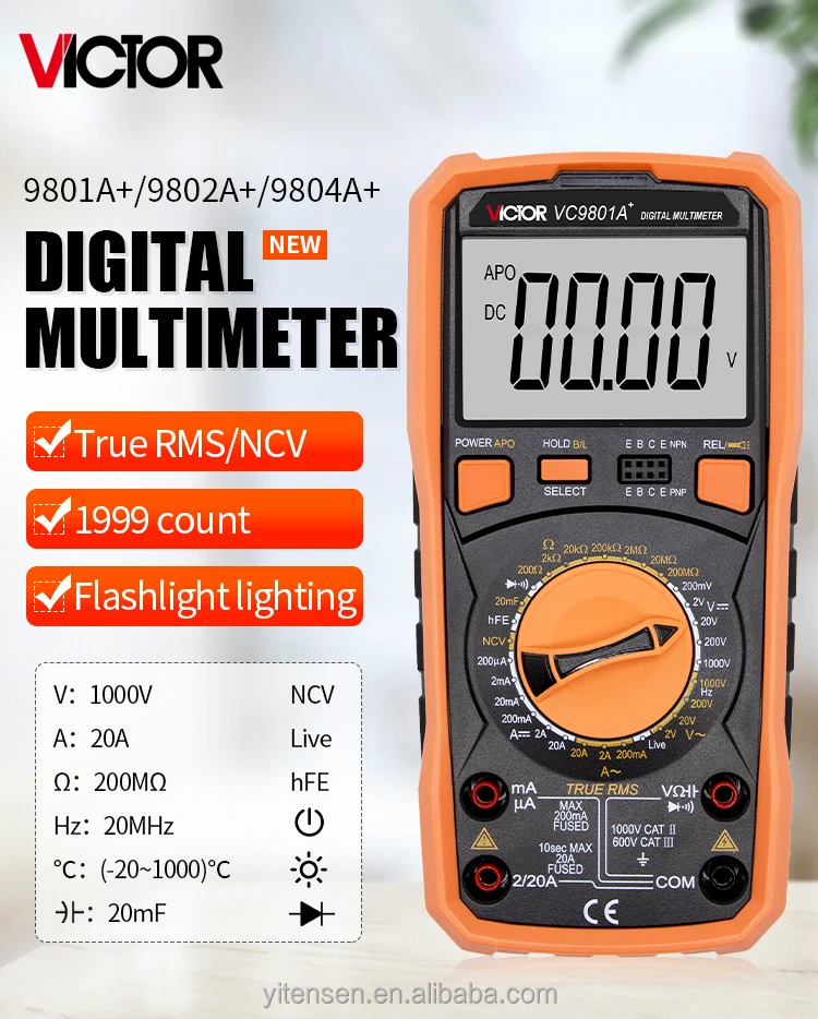 VICTOR VC9804A+ 1000V 1999 Counts True RMS Manual Range Digital ...