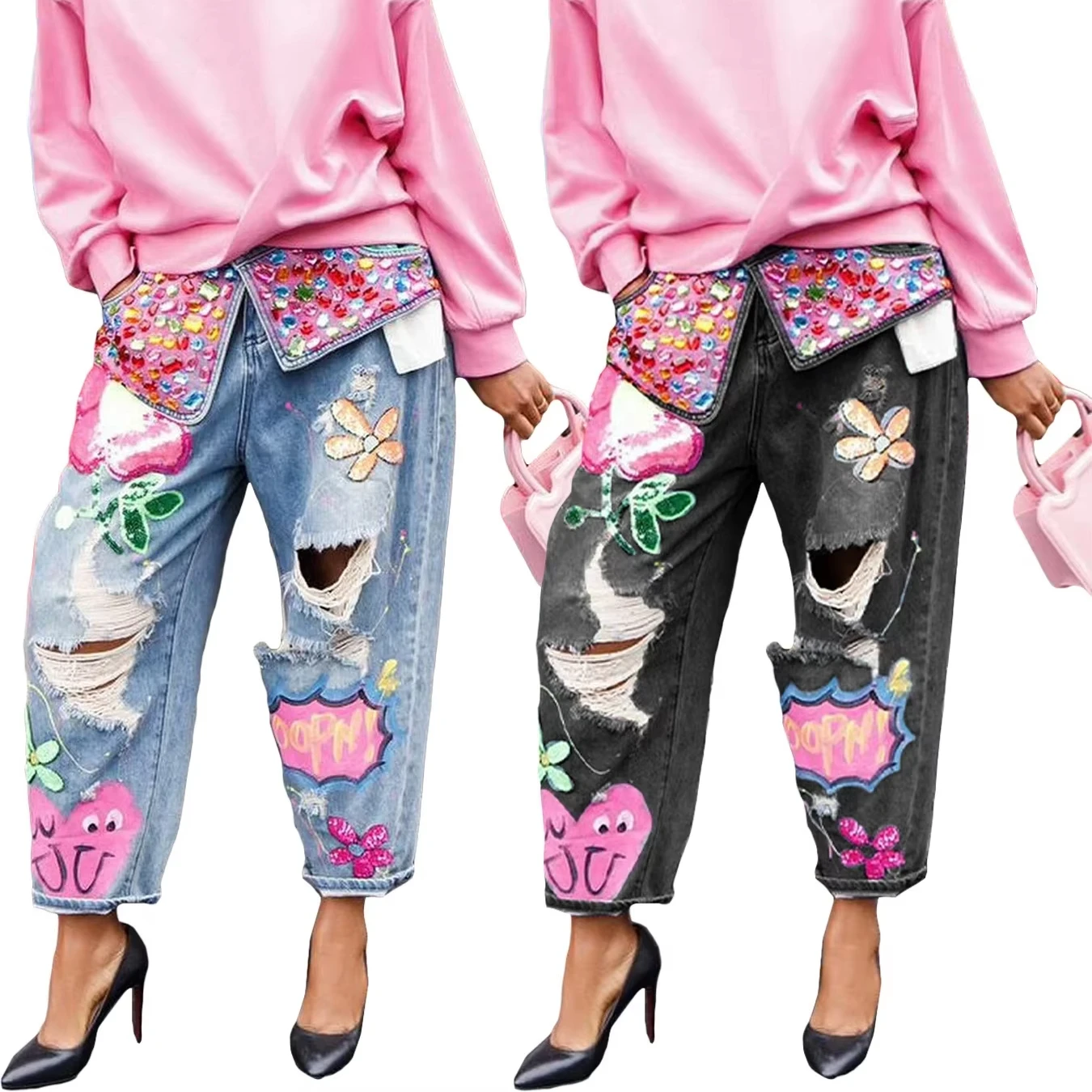 Custom Rhinestone Jeans Embellished Baggy Fit Cotton Denim Women Wide ...