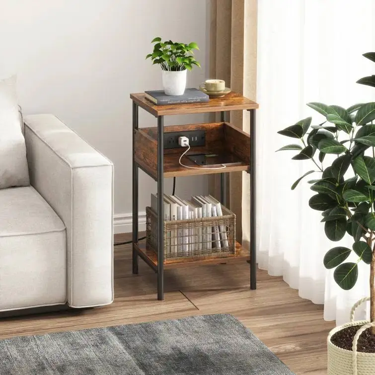 Luxury Simple Black Metal Wood Side Table Hidden Storage Height High ...