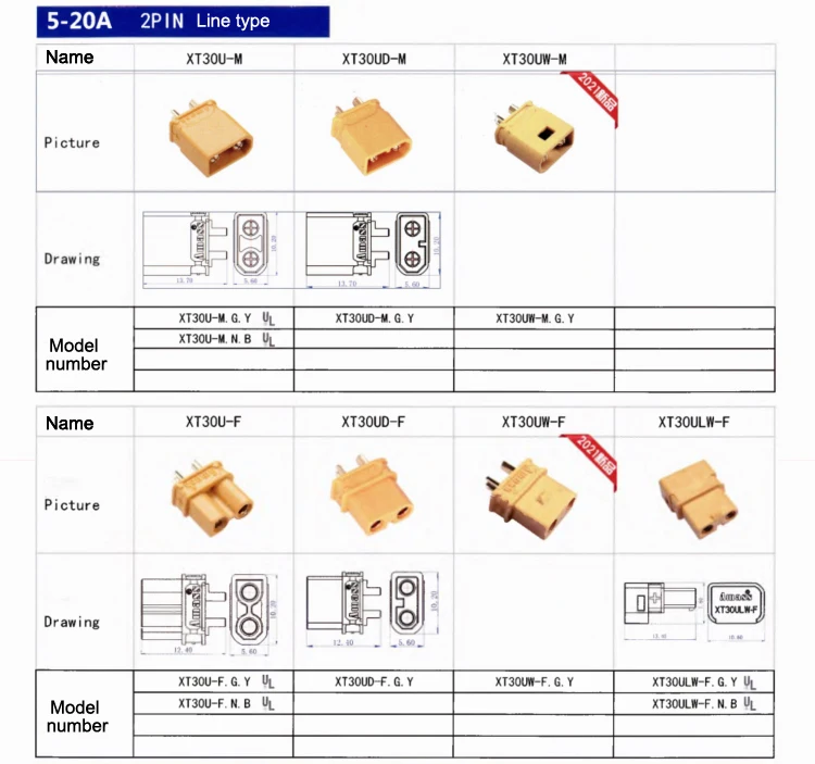 Amass Connector 5-20A 2PIN XT30 Series for Electric Vehicles