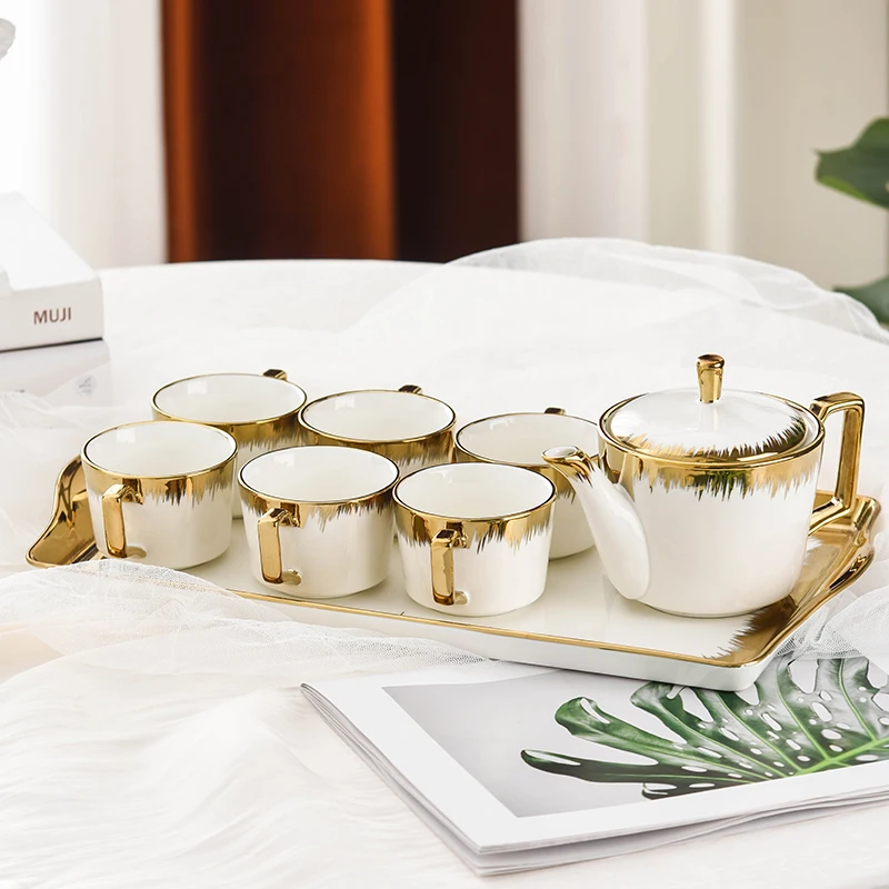 8pcs Ceramic Marble With Gold Tea Set For 6 Person With Big Tray Luxury ...