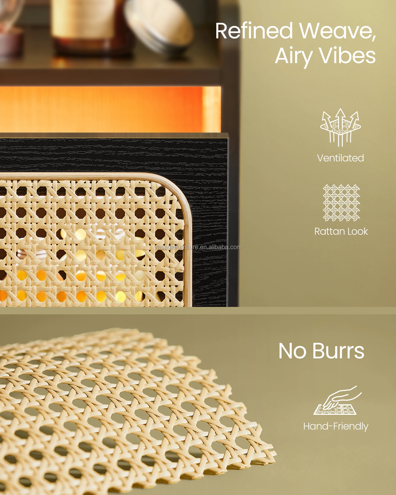 VASAGLE Modern Black Side Table - LED Bedside Light Rattan