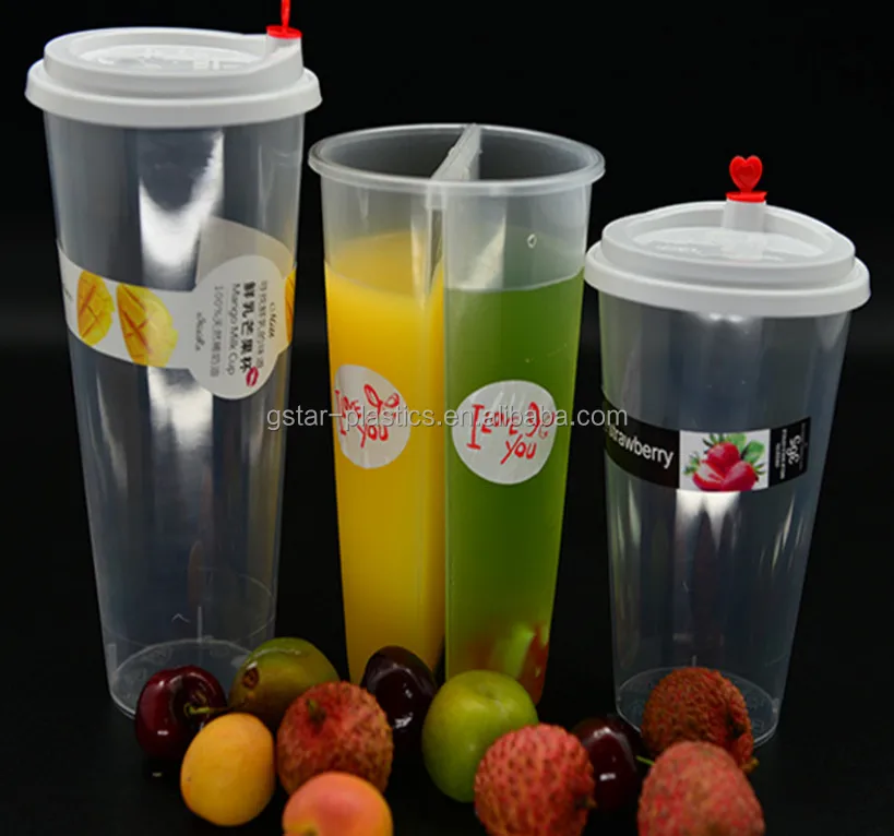 16oz 22oz Bubble Tea Plastic Split Cup For Boba Two-compartment Twin ...