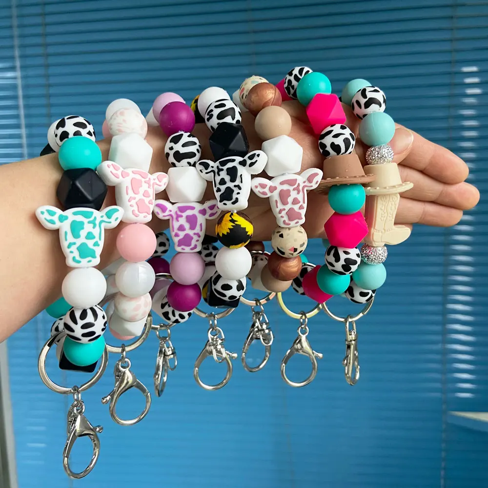 Western Cowboy Hat Cow Head Silicone Beads Wristlet Keychains Bracelet ...