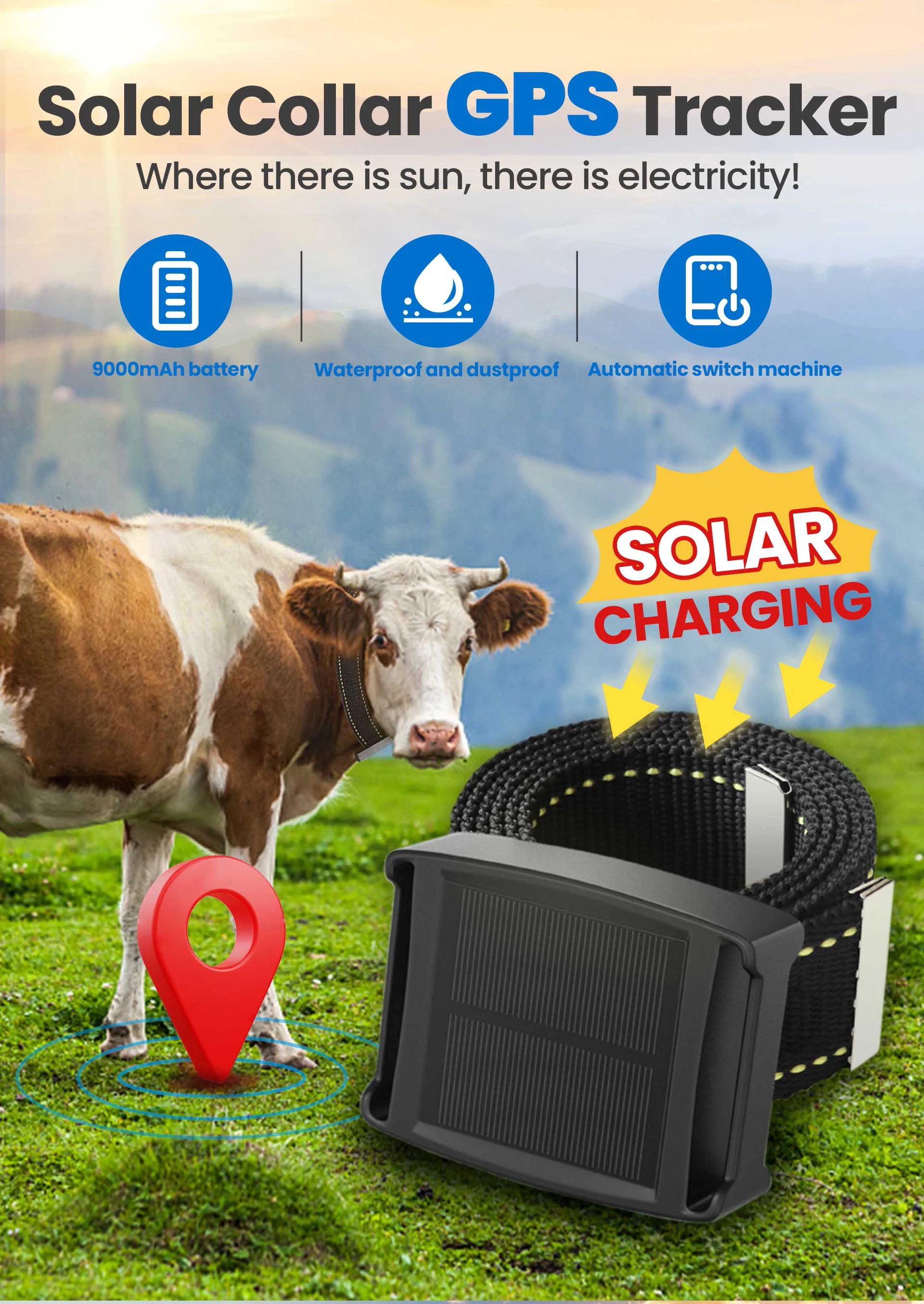 Waterproof 4G Gps Cattle Tracker Anti Lost Magnetic Charging Solar Animal GPS Tracker Pet Cow ...