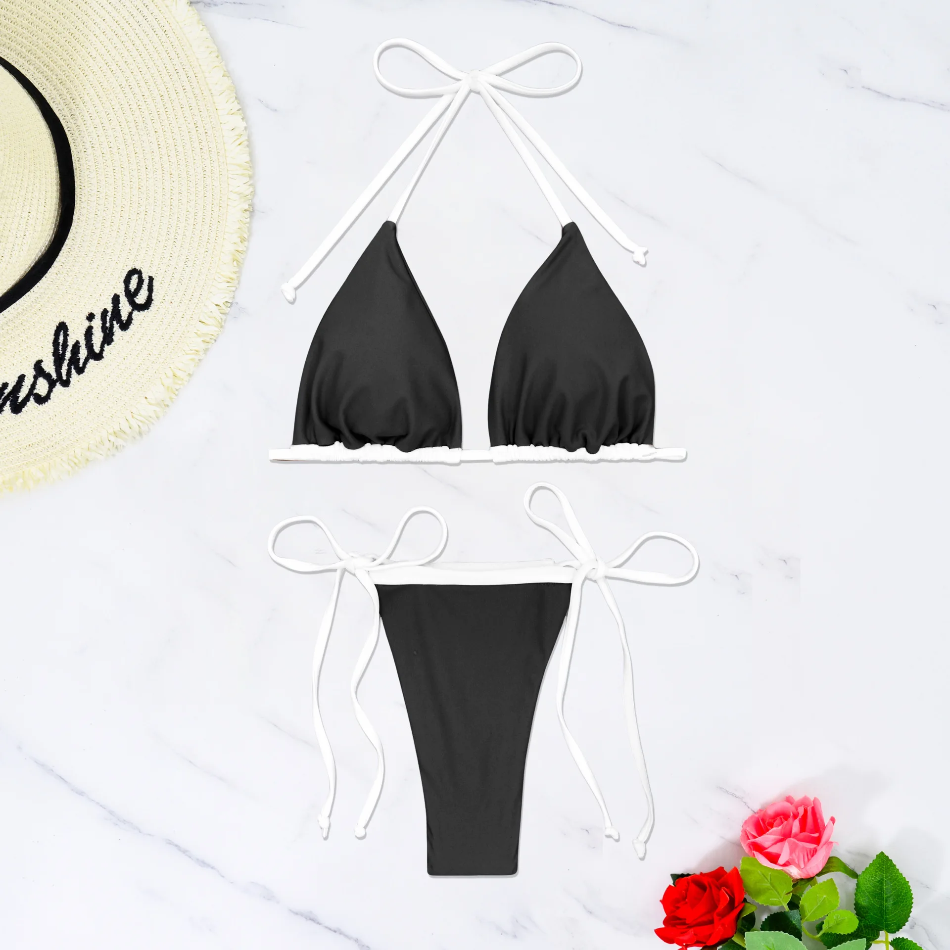 STOCK 3Colors Triangle Top Plain Basic Swimwear Women Ties Details ...