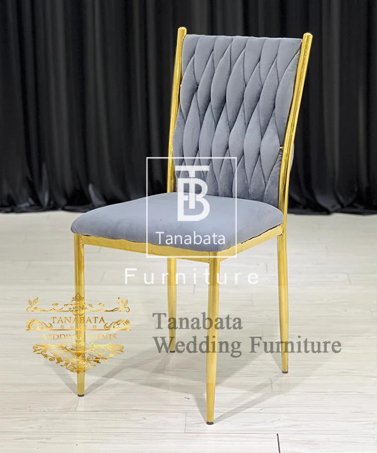 Modern Luxury Gold Metal Frame Woven Grey Velvet Tufted Dining Chair ...