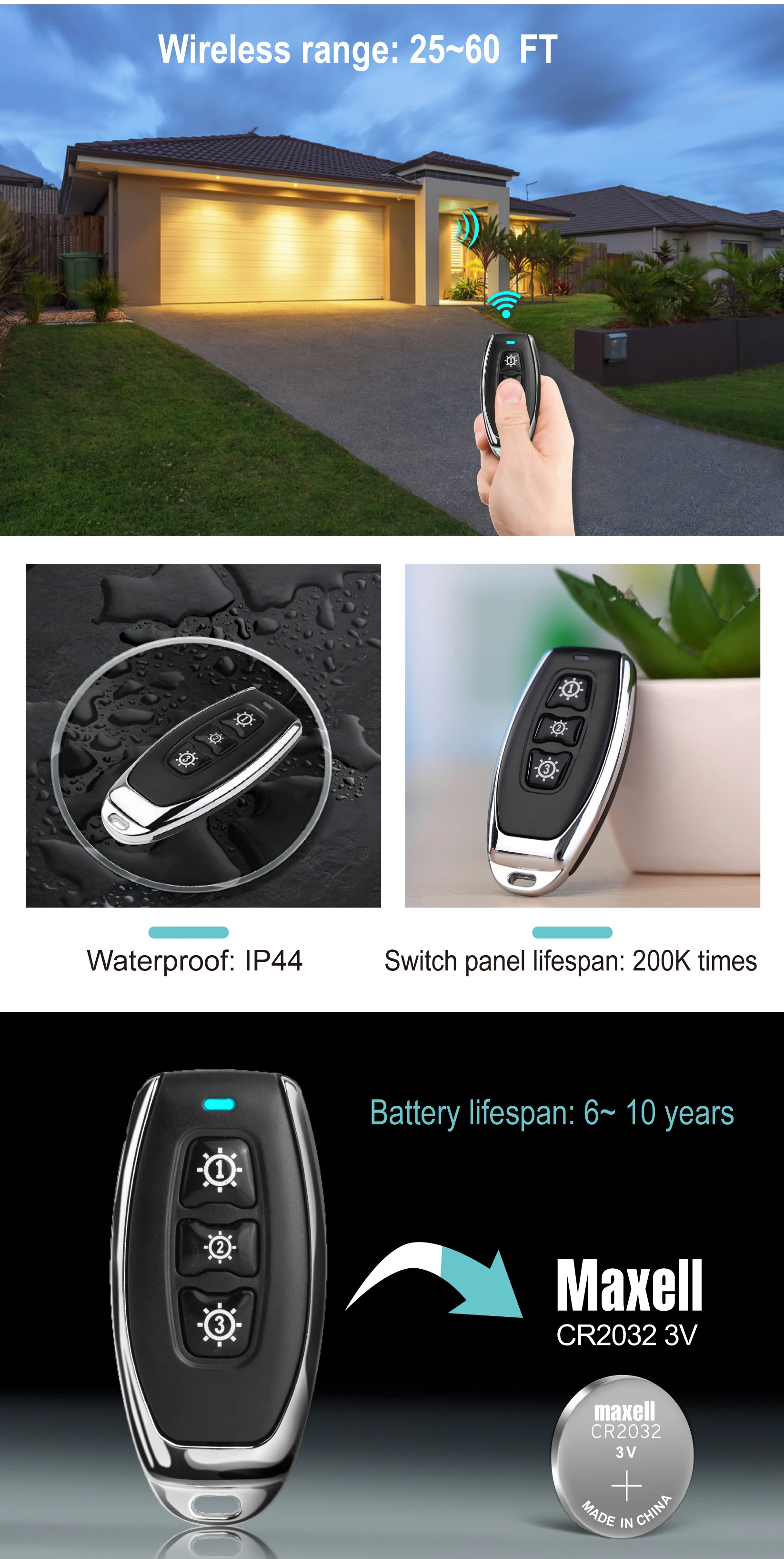 Remote Control 3 Way Wireless Switch and Receiver Kit 30-100Ft Range ...