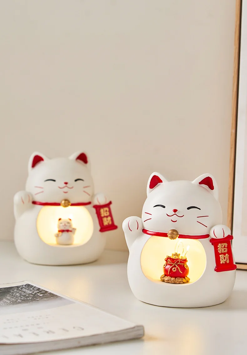 Chinese Lucky Cat Ornaments Night Light Home Decor Resin Maneki Neko ...