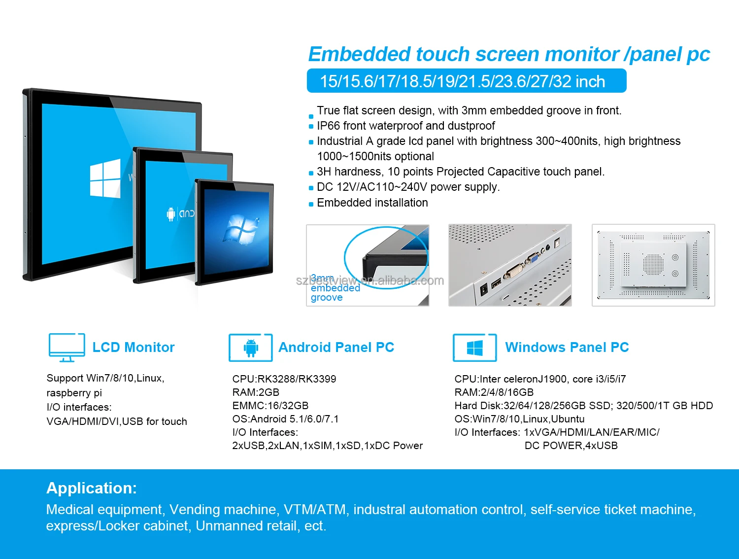 Front Panel Ip65 Open Frame Capacitive Touch Screen Monitor 21.5inch 16 ...