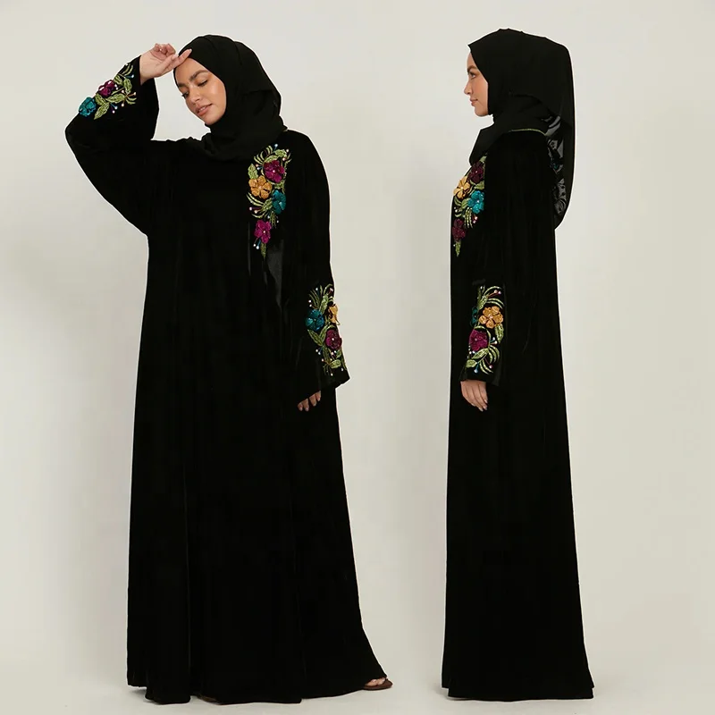 Dubai winter black 3D embroidery abaya dress islamic clothing luxury ...