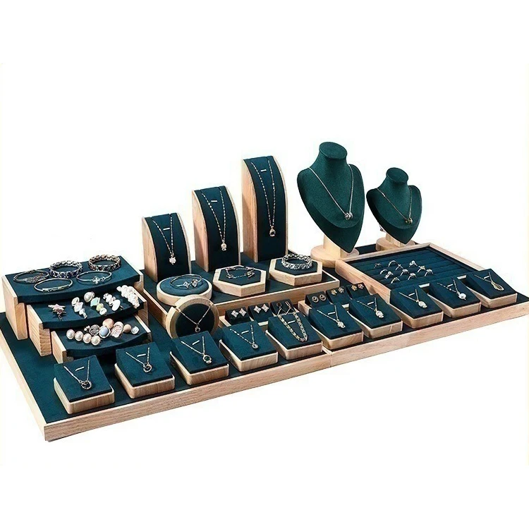 Luxury Green Velvet Wood Jewelry Display Bracelet Earring Necklace Ring ...