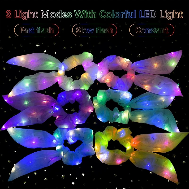 Women LED Luminous Flash Velvet Scrunchies Elastic Rubber Bands Solid ...