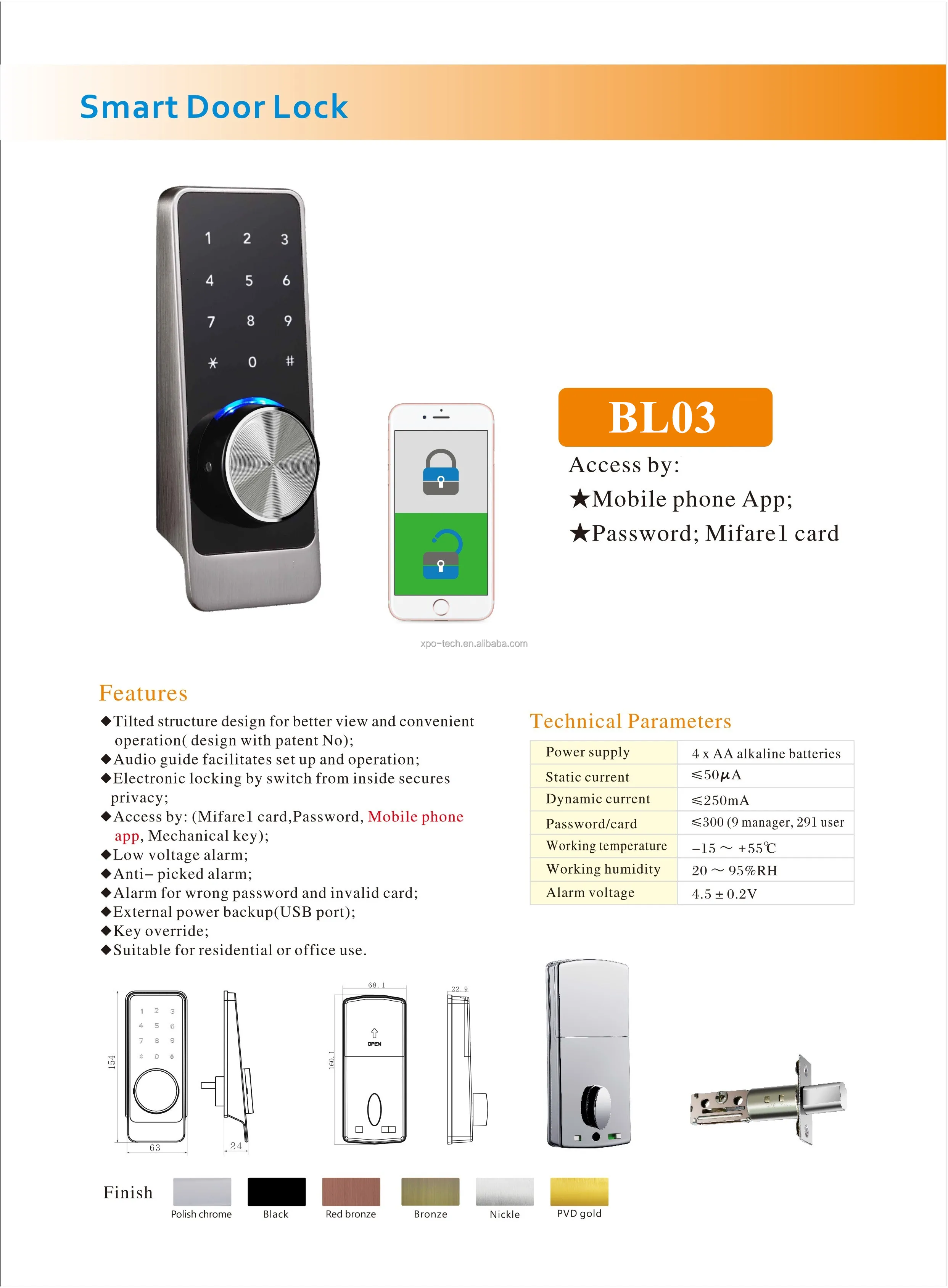 BL03 TTlock Smart Keypad Digital Door Lock with IC Card and Keys ...
