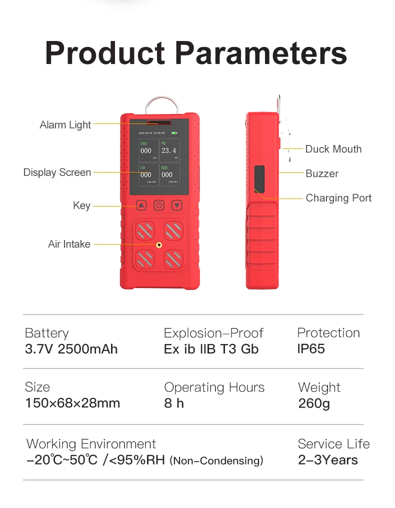 RTTPP DR850 Portable Gas Detector - 4 in 1 Multi Gas Meter