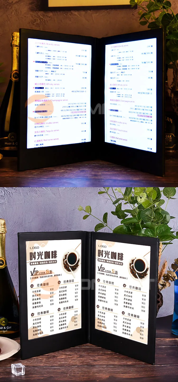 Custom Logo Food PVC Menu Holder LED Menu Book Covers