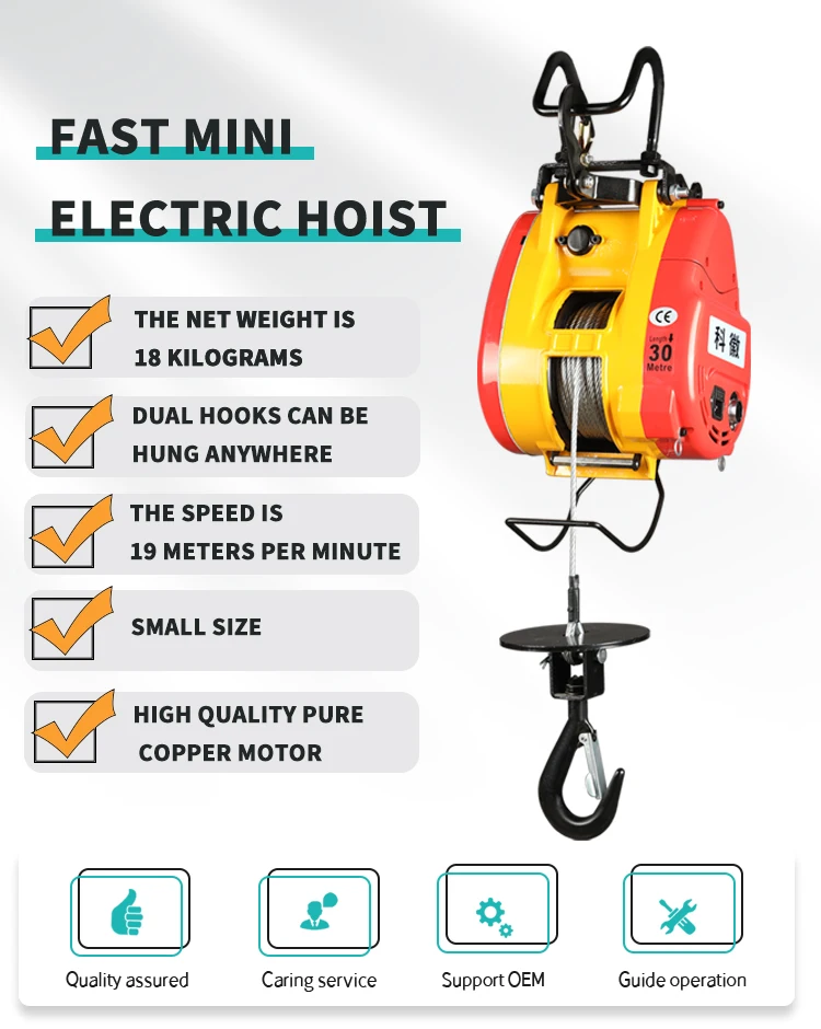 Small Fast Speed Electric Hoist Crane 300kg 500kg Remote Control Portable Mini Wire Rope ...