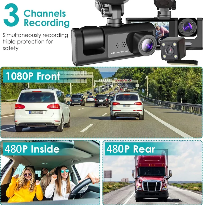 3 Channel Triple Wifi Dash Cam - 1080P IPS Screen & G-sensor