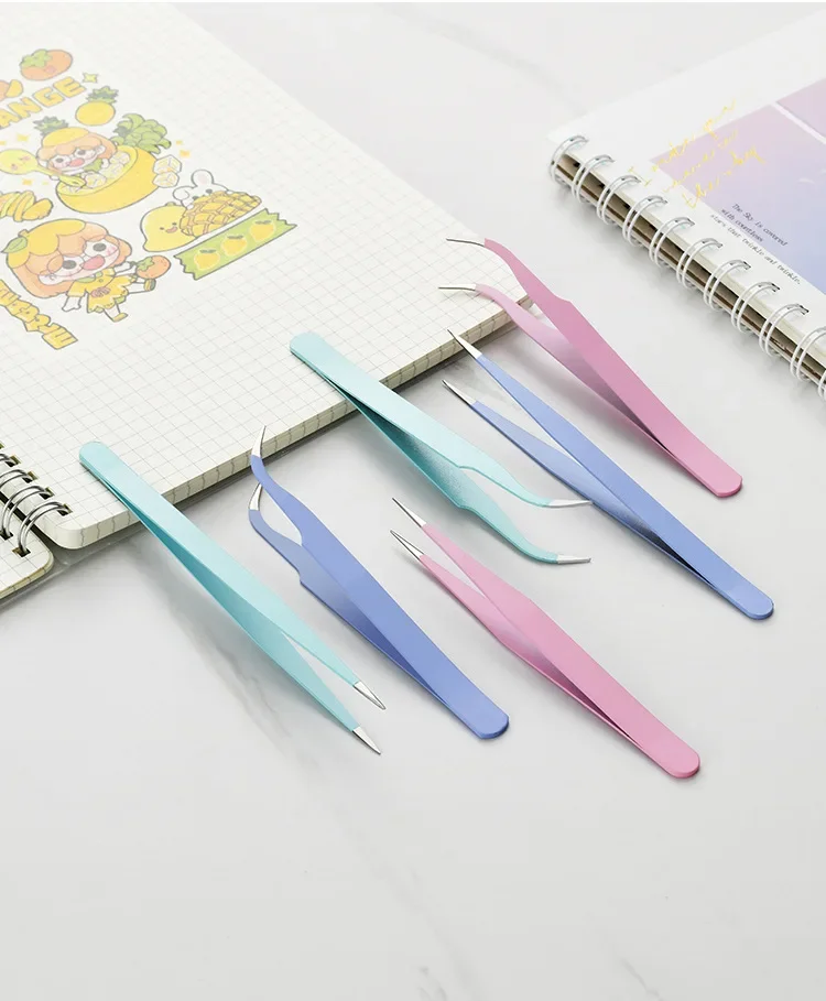 Stainless Steel Colored Straight + Curved Tweezers for Nail Art Sticker ...