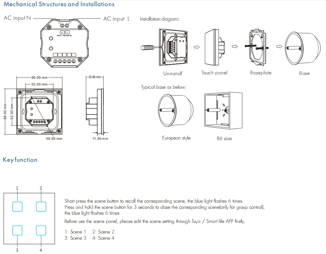 Ts4(wzs) 100-240vac 4 Scenes Zigbee Touch Panel Remote For 1-5 Colors Zigbee / Tuya Wifi ...