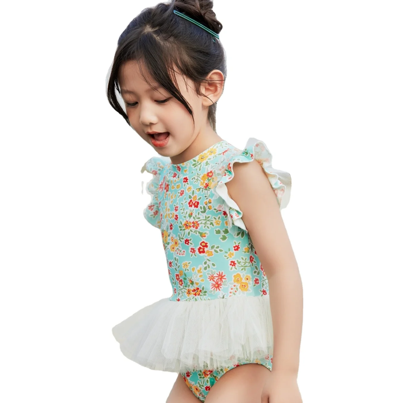 Short-sleeved Skirt One Piece Swimwear Floral Kids Bathing Suits Girl ...
