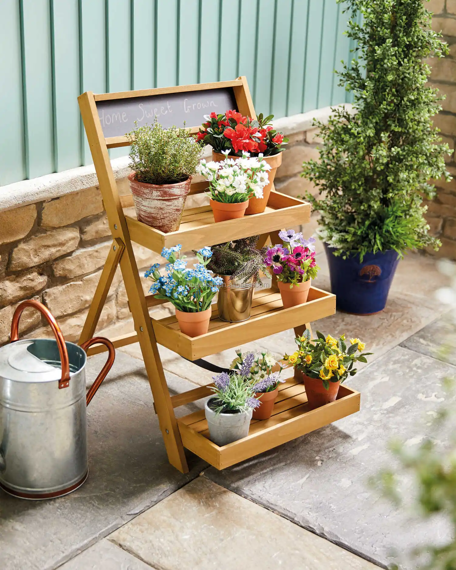 3-Tier Folding Flower Display Rack Balcony Wooden Plant Stand with ...