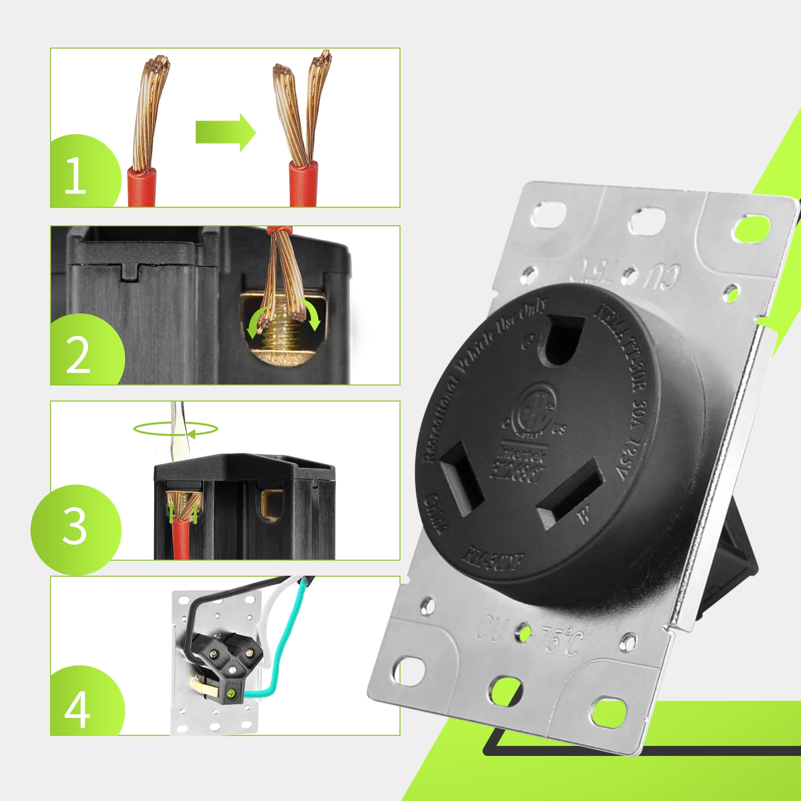 Rv 30 Amp 125 Volt Nema Tt-30r 2p 3w Power Receptacle Flush Mounting ...