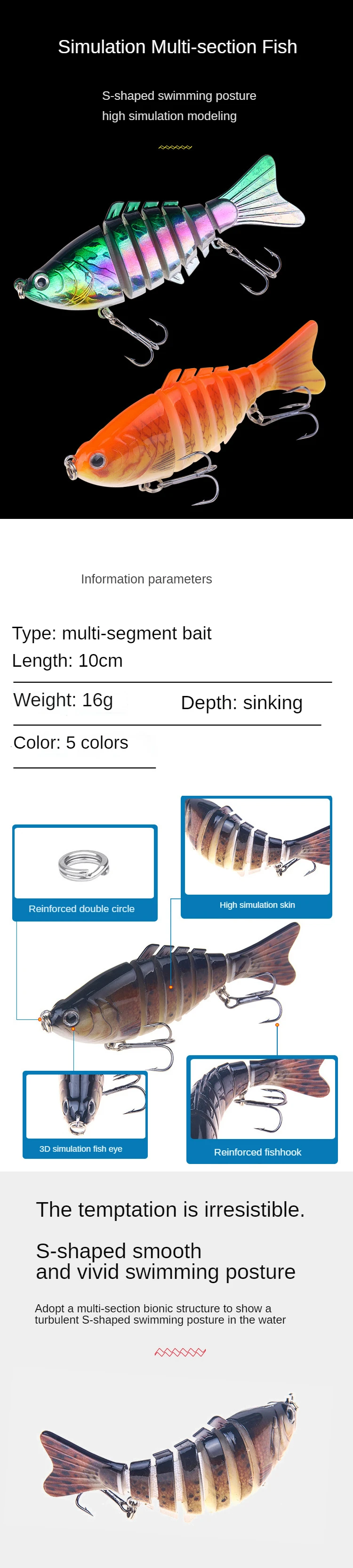 Swimbait 7 Segmented Multi Jointed Hard Fishing Lures 100mm 16g Glide ...