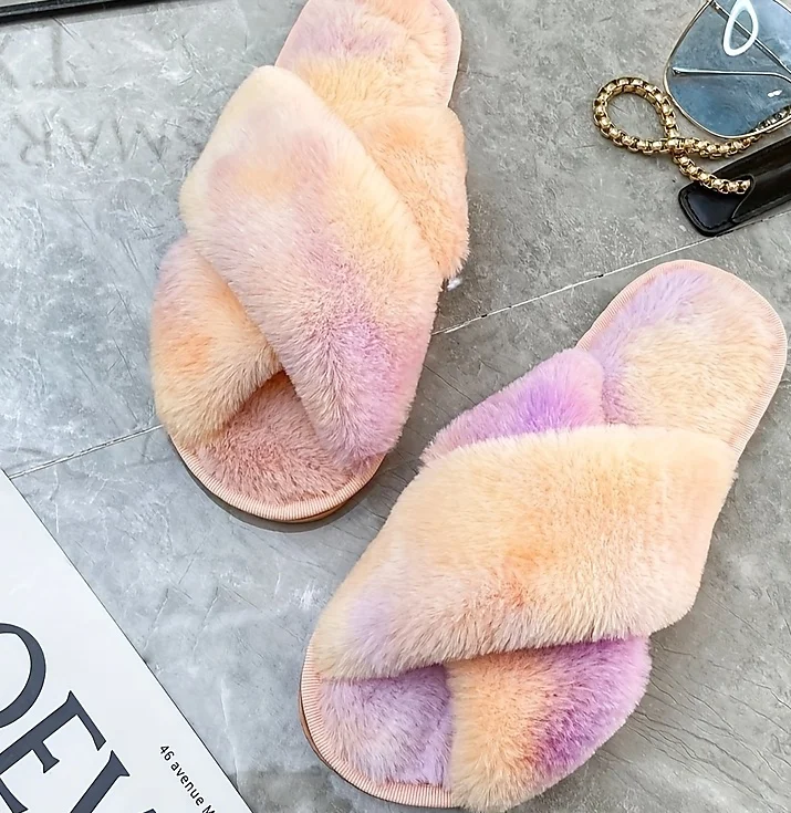 Cross-colored A-plush Slippers Winter And Autumn Fashionable Shoes With ...