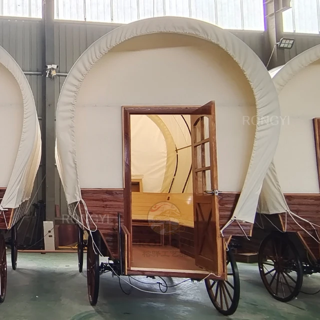 Outdoor Luxury Mobile Carriage Tent House Wooden Covered Wagon Tent ...