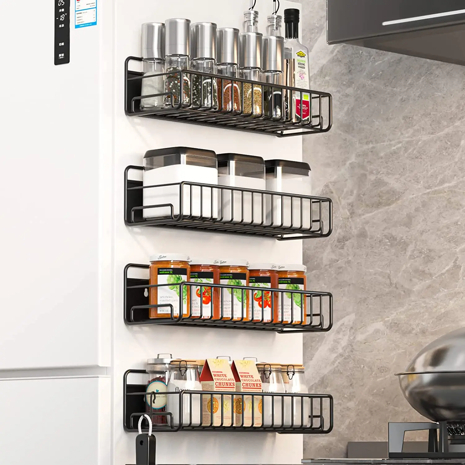 Space Saving Spice Rack Wall Mount with 4Movable Hooks Magnetic Spice ...