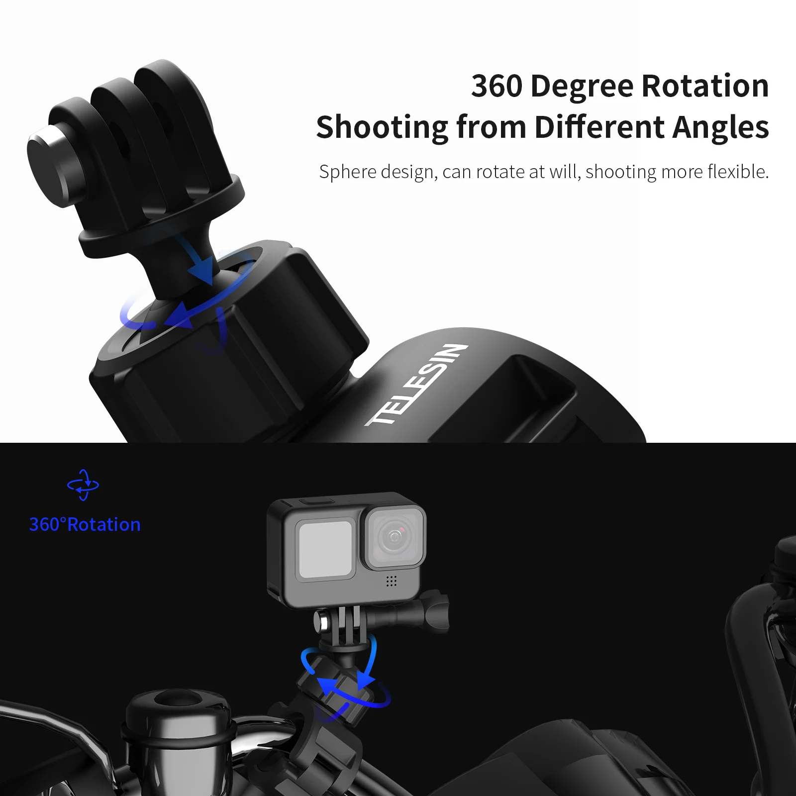Telesin Action Camera Bike Handlebar Mount 360 Degree Rotary Non-slip ...