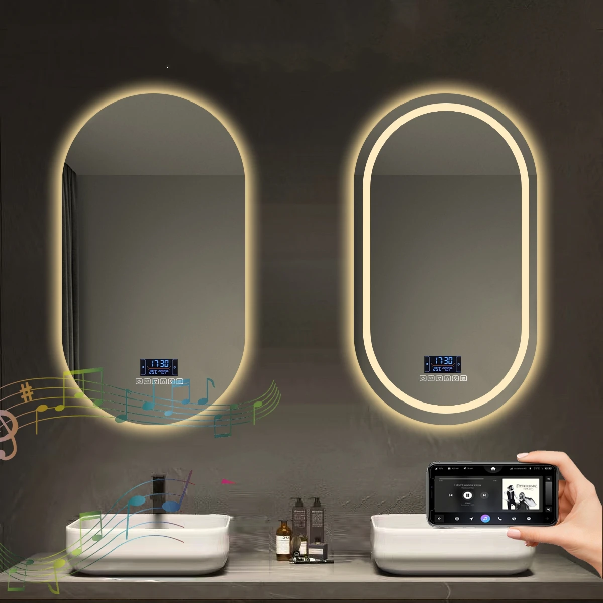 Frameless Luxury Oval Lighted Gold Runway Intelligent Wall Mount Bath ...